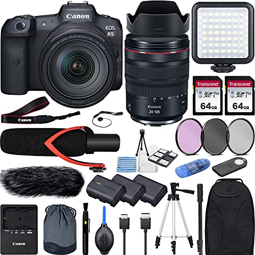 Canon EOS R5 with RF24-105mm f4 is USM Lens Mirrorless Digital Camera Bundle with V30 Shotgun Microphone, LED Light, 2xExtra Battery and Accessories(Backpack, 50 Tripod, 128Gb Memory), Black(EOSR5)