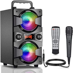 60w bluetooth speakers portable wireless speaker with double subwoofer heavy bass, fm radio, microphone, lights, remote, eq, loud stereo sound system speaker for home outdoor party camping (1mic)