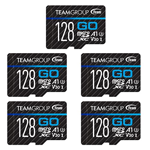 TEAMGROUP GO Card 128GB x 5 PACK Micro SDXC UHS-I U3 V30 4K for GoPro & Drone & Action Cameras High Speed Flash Memory Card with Adapter for Outdoor Sports, 4K Shooting, Nintendo-Switch TGUSDX128GU363