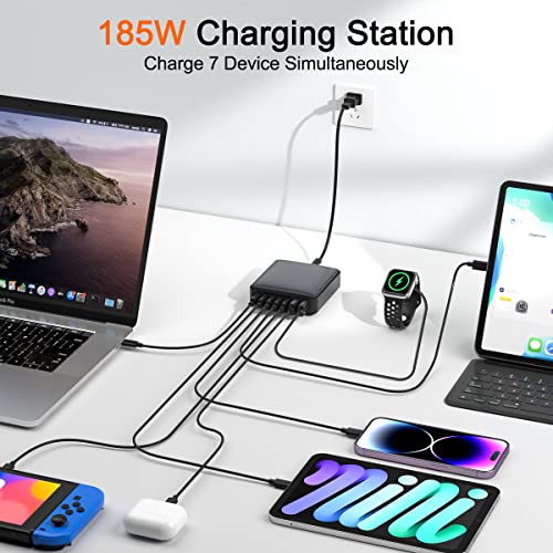 USB C Charger, 185W 7-Port USB C Charging Station with 5 USB-C Ports +2 USB-A Ports, USB C Wall Fast Charger for MacBook Pro/Air,iPhone 14/13/Mini/Pro/13Pro Max/12 Samsung Galaxy and More