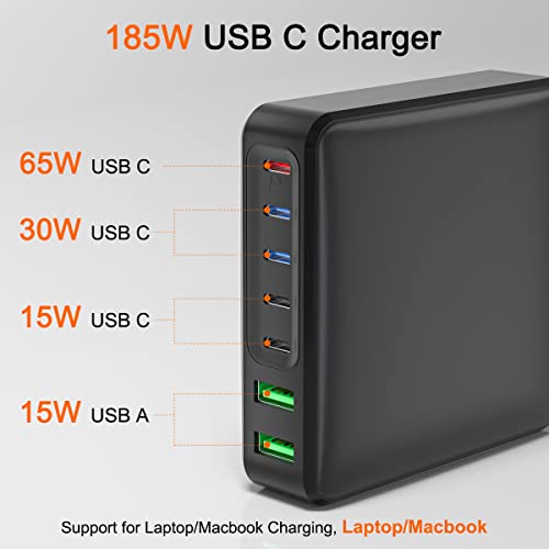 USB C Charger, 185W 7-Port USB C Charging Station with 5 USB-C Ports +2 USB-A Ports, USB C Wall Fast Charger for MacBook Pro/Air,iPhone 14/13/Mini/Pro/13Pro Max/12 Samsung Galaxy and More