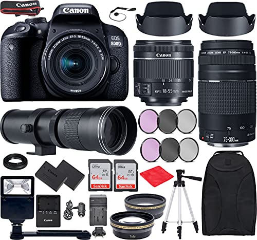 800D (T7i) DSLR Camera with EF-S 18-55mm f/4-5.6 is STM, EF 75-300mm f/4-5.6 III, 420-800mm f/8 Lense Bundle with Accessories (Extra Battery, Digital Flash, 128Gb Memory and More)