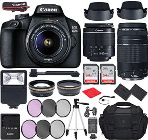 4000d (rebel t100) dslr camera with ef-s 18-55mm f/3.5-5.6 iii, ef 75-300mm f/4-5.6 iii lense bundle, travel kit with accessories(extra battery, digital slave flash, 128gb memory and more)