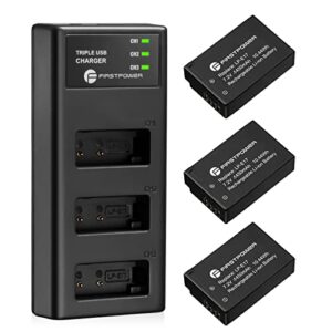 firstpower lp-e17 battery 3-pack and triple slot charger for canon eos rp, rebel t8i, t7i, t6i, t6s, sl2, sl3, m3, m5, m6, 77d, 200d, 750d, 760d, 800d, 8000d, dslr cameras