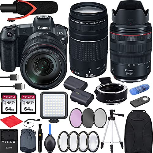 Canon EOS R with RF 24-105mm f4 is USM Lens Mirrorless Camera Bundle + EF 75-300 is III, EF-EOS R Mount Adapter, V30 Microphone, LED Light, Extra Battery and Accessories(Backpack and More), Black