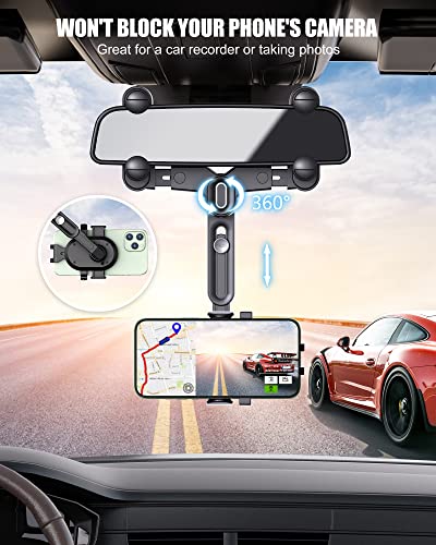 OFY Phone Mount for Car, [Big Rear Mirrors Friendly] Rear View Mirror Phone Holder, 360 Rotatable and Retractable Car Phone Holder for All Mobile Phones & Most Vehicles