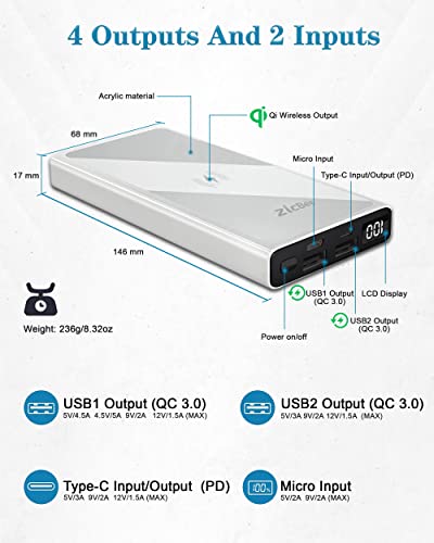 15W Wireless Portable Charger, 22.5W PD20W QC3.0 USB-C Fast Charging 10000mAh Power Bank LED Display, 2 Inputs and 4 Outputs, Slim & Light External Battery Pack for iPhone iPad Airpod Samsung LG Sony