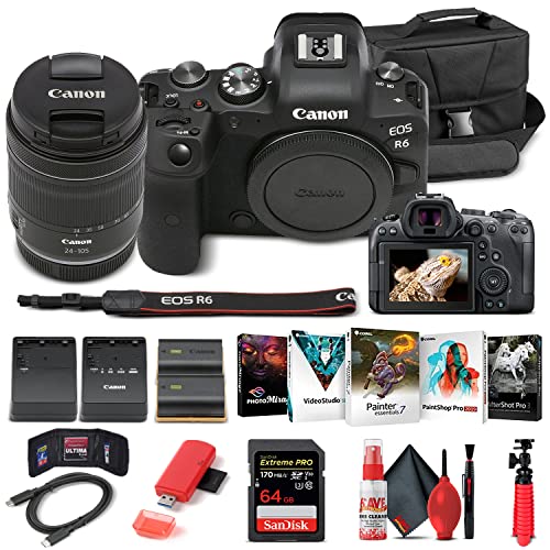 Canon EOS R6 Mirrorless Digital Camera with 24-105mm f/4-7.1 Lens (4082C022), 64GB Memory Card, Case, Corel Photo Software, LPE6 Battery, External Charger, Card Reader + More (Renewed)