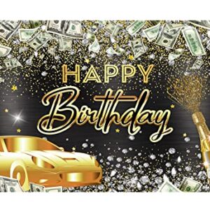 Funnytree Money Birthday Backdrop Dollar Bill Diamond Bday Party Black and Gold Car Champagne Background Supplies Banner Cake Table Decor Props Gifts Photobooth