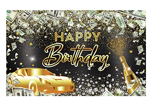 Funnytree Money Birthday Backdrop Dollar Bill Diamond Bday Party Black and Gold Car Champagne Background Supplies Banner Cake Table Decor Props Gifts Photobooth