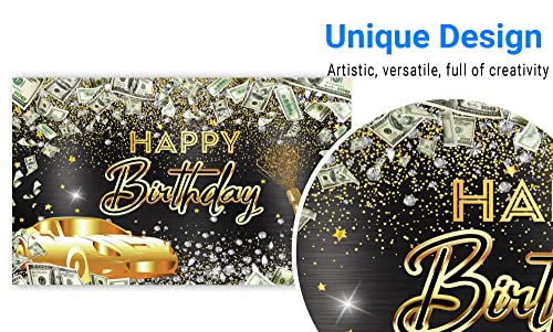 Funnytree Money Birthday Backdrop Dollar Bill Diamond Bday Party Black and Gold Car Champagne Background Supplies Banner Cake Table Decor Props Gifts Photobooth