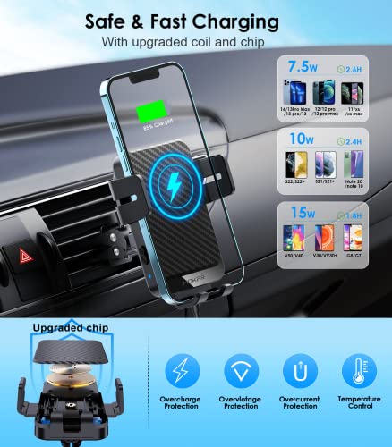 Wireless Car Charger, MOKPR 15W Fast Charging Auto-Clamping Car Charger Phone Mount Air Vent Cell Phone Holder Compatible iPhone 14/13/13 Pro/12 pro/12/11/X/8, Samsung Galaxy S23/S22/S21/S20, etc