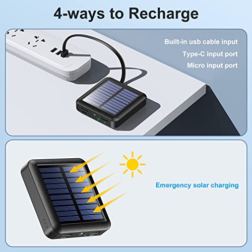 Solar Power Bank 12000mAh,Small Solar Charger Built in 4 Cables,USB C Input/Output,Dual Flashlight External Battery Portable Charger Power Bank for iPhone,Tablet,Samsung