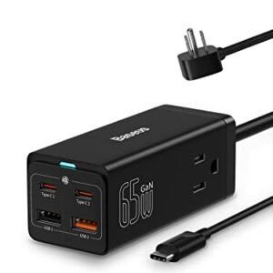 USB C Charger Baseus PowerCombo 65W USB C Charging Station with 2 Outlets Extender, Fast Charging, USB C Wall Charger Compatible with MacBook Laptops iPhone Samsung iPad (100W Type C Cable Included)