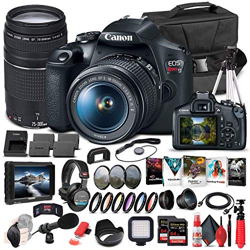 Canon EOS Rebel T7 DSLR Camera with 18-55mm and 75-300mm Lenses (2727C021) + 4K Monitor + Pro Headphones + Pro Mic + 2 x 64GB Memory Card + Corel Photo Software + Pro Tripod + More (Renewed)