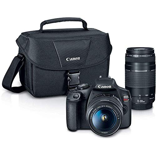 Canon EOS Rebel T7 DSLR Camera with 18-55mm and 75-300mm Lenses (2727C021) + 4K Monitor + Pro Headphones + Pro Mic + 2 x 64GB Memory Card + Corel Photo Software + Pro Tripod + More (Renewed)