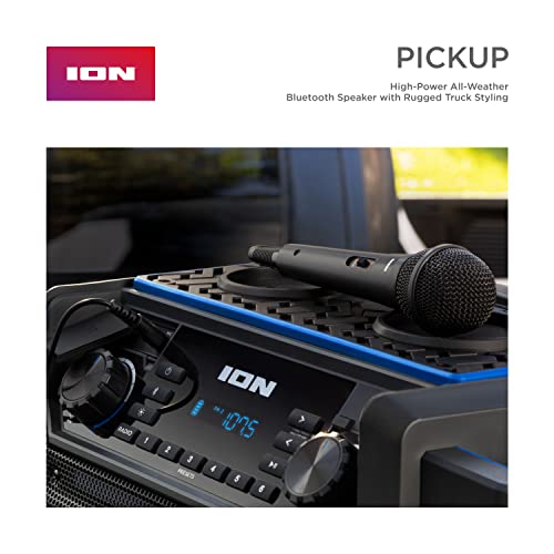 ION Audio Pickup - 100W Water-Resistant Bluetooth Outdoor Speaker with Rechargeable Battery, Karaoke Microphone, Radio, Wheels, Handle & USB Charging