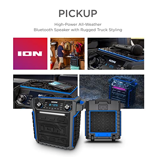 ION Audio Pickup - 100W Water-Resistant Bluetooth Outdoor Speaker with Rechargeable Battery, Karaoke Microphone, Radio, Wheels, Handle & USB Charging