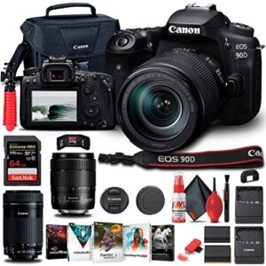 canon eos 90d dslr camera with 18-135mm lens (3616c016) + ef-s 55-250mm lens + 64gb memory card + case + corel photo software + lpe6 battery + external charger + card reader + more (renewed)