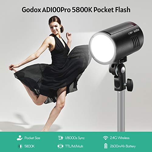 GODOX AD100Pro Pocket Studio Flash Light Photography Light OLED Screen 5800K 1/8000s Sync TTL/Multi/M Flash Built-in 2.4G Wilreless X System 5 Groups 32 Channels with Rechargeable 2600mAh Battery