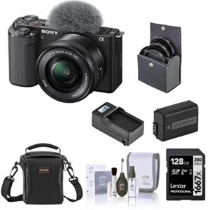 sony zv-e10 mirrorless camera with 16-50mm lens, black bundle with 128gb sd memory card, shoulder bag, np-fw50 battery, compact smart charger, 40.5mm filter kit, cleaning kit