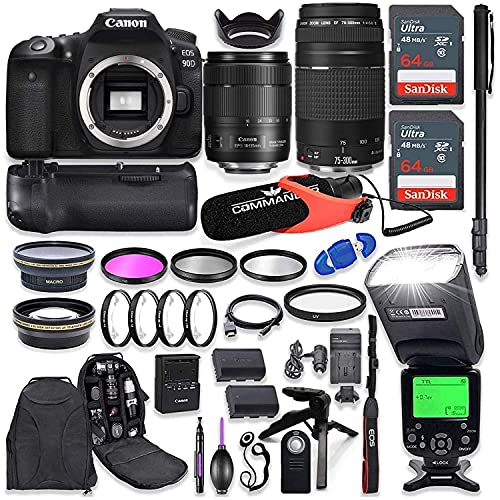 Canon EOS 90D DSLR Camera with EF-S 18-135mm f/3.5-5.6 is USM Lens + Canon 75-300mm III Lens, Battery Grip with Advanced Professional Photo & Travel Bundle