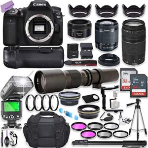 canon eos 90d dslr camera w/ 18-55mm lens bundle + canon 75-300mm & canon 50mm f/1.8 lens + 500mm preset lens + camera case + 96gb memory + battery grip + speedlight flash + commander optics bundle