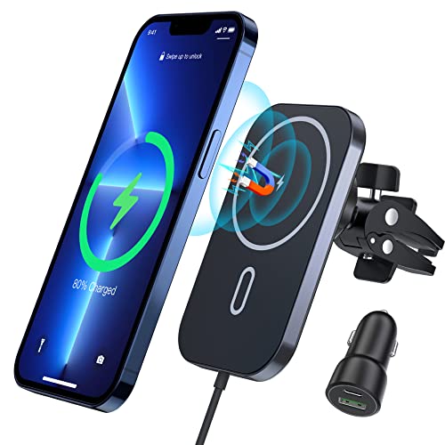 Magnetic Wireless Car Charger, 360°Adjustable Magnetic Air Vent Mount Compatible with MagSafe Car Charger, Compatible with iPhone 14/13/12 Pro Max Plus Mini(Caseless), Mag Safe Case(with Car Adapter)