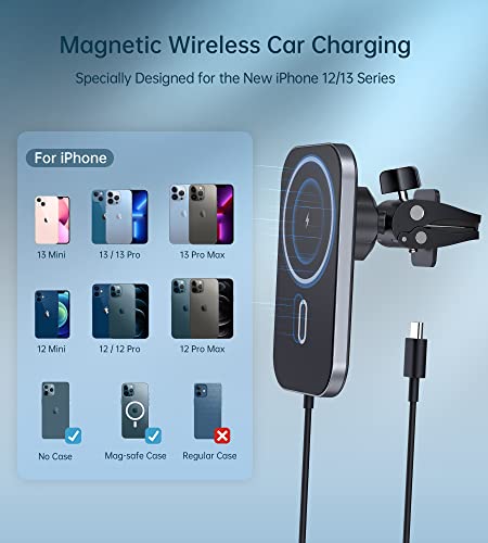 Magnetic Wireless Car Charger, 360°Adjustable Magnetic Air Vent Mount Compatible with MagSafe Car Charger, Compatible with iPhone 14/13/12 Pro Max Plus Mini(Caseless), Mag Safe Case(with Car Adapter)