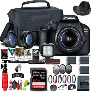 canon eos 4000d / rebel t100 dslr camera with 18-55mm lens, 64gb card, color filter kit, case, filter kit, photo software, 2x lpe10 battery, light, wide angle lens + more (renewed)