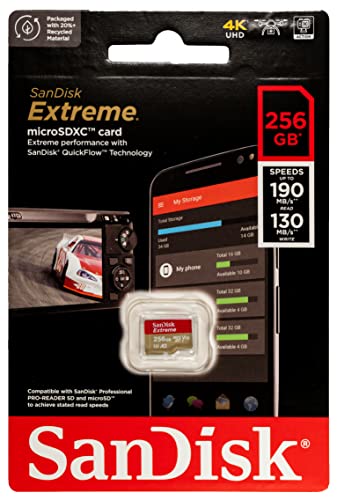 SanDisk Extreme 256GB V30 A2 MicroSDXC Memory Card for DJI Works with Mavic Air 2 Drone 4K 8K Bundle with (1) Everything But Stromboli MicroSD Reader