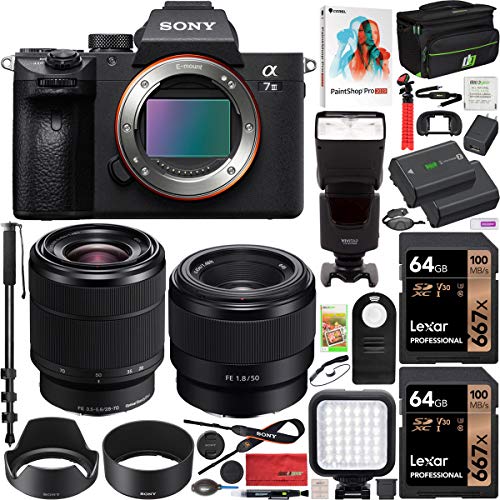 Sony ILCE-7M3K/B a7III Full Frame Mirrorless Camera with SEL2870 FE 28-70 mm F3.5-5.6 OSS Lens Bundle with SEL50F18F FE 50mm F1.8 Lens, 2X 64GB Memory, Deco Gear Case and Accessories (15 Items)