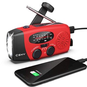 emergency hand crank radio with 3 led flashlight, esky am/fm/noaa portable weather radio with 2000mah power bank phone charger, solar powered usb charged radio for indoor outdoor camping, sos alarm