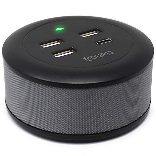 Aduro USB Charging Station for Multiple Devices [PowerUp Flair] Desktop Fast Charger 4-Port USB Hub for iPhone iPad Tablets Smartphones Black/Grey