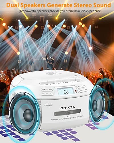 Greadio CD Player Boombox Cassette Player Combo with Bluetooth,AM/FM Radio,Stereo Sound with Remote Control,AUX/USB Drive,Tape Recording,AC/DC Powered,Headphone Jack,LCD Display for Home,Kids,Gift