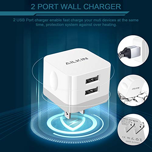 2Pack USB Wall Charger Plug, AILKIN 2.4A Dual Port USB Adapter Power Cube Fast Charging Station Box Base Replacement for iPhone 14 13 12 Pro Max SE 11 XR XS X/8, Samsung, Phones USB Charge Block-White