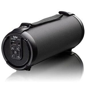 tyler wireless bluetooth speaker water resistant long range rechargeable boombox usb mp3 micro sd aux inputs fm radio sound & bass carry strap lightweight for home outdoor stereo