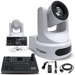 ptzoptics 30x-ndi broadcast and conference camera (white) (pt30x-ndi-wh) + superjoy ip and serial controller – starter bundle