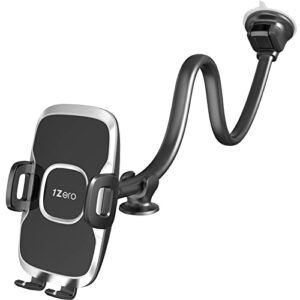 1zero solid car truck phone mount holder with 14-inch gooseneck long arm, windshield window mobile holders w/industrial-strength suction cup, anti-shake stabilizer compatible all cell phones iphone