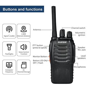 BAOFENG Walkie Talkies Long Range for Adults Kids Two Way Radios with Earpieces,16 Channel UHF, Rechargeable Handheld 2-Way Radios with Flashlight （2 Pack）, black, 88A