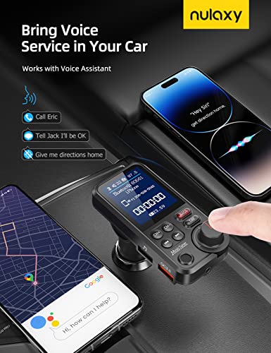 Nulaxy FM Bluetooth Transmitter for car, Strong Microphone Bluetooth Car Adapter with 1.8" Color Screen for Hands Free Calls, Supports QC3.0 Charging, Treble and Bass Sound Music Player- KM30