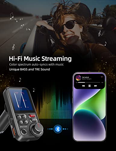 Nulaxy FM Bluetooth Transmitter for car, Strong Microphone Bluetooth Car Adapter with 1.8" Color Screen for Hands Free Calls, Supports QC3.0 Charging, Treble and Bass Sound Music Player- KM30