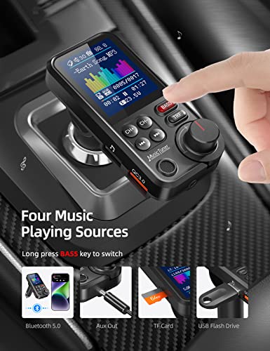 Nulaxy FM Bluetooth Transmitter for car, Strong Microphone Bluetooth Car Adapter with 1.8" Color Screen for Hands Free Calls, Supports QC3.0 Charging, Treble and Bass Sound Music Player- KM30