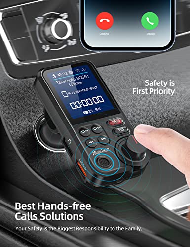 Nulaxy FM Bluetooth Transmitter for car, Strong Microphone Bluetooth Car Adapter with 1.8" Color Screen for Hands Free Calls, Supports QC3.0 Charging, Treble and Bass Sound Music Player- KM30