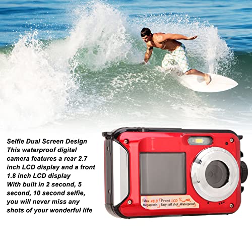 Tefola Waterproof Digital Camera, Full HD 2.7K 48MP 10ft Waterproof Underwater Digital Camera 16X Digital Zoom Front Rear Double Screens Waterproof Digital Camera(Red)