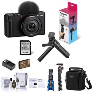 sony zv-1f vlogging camera, black bundle with accvc1 vlogger accessory kit, shotgun mic, tripod, shoulder bag, extra battery, charger, screen protector, cleaning kit