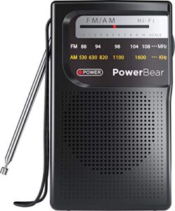 powerbear portable radio | am/fm, 2aa battery operated with long range reception for indoor, outdoor & emergency use | radio with speaker & headphone jack (black)