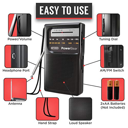 PowerBear Portable Radio | AM/FM, 2AA Battery Operated with Long Range Reception for Indoor, Outdoor & Emergency Use | Radio with Speaker & Headphone Jack (Black)