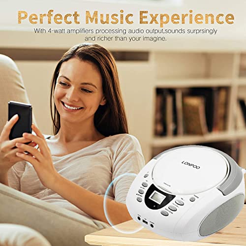 LONPOO CD Player Portable Boombox with FM Radio/USB/Bluetooth/AUX Input and Earphone Jack Output, Stereo Sound Speaker & Audio Player,White