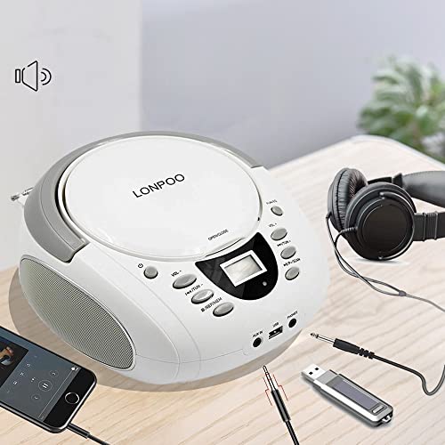 LONPOO CD Player Portable Boombox with FM Radio/USB/Bluetooth/AUX Input and Earphone Jack Output, Stereo Sound Speaker & Audio Player,White